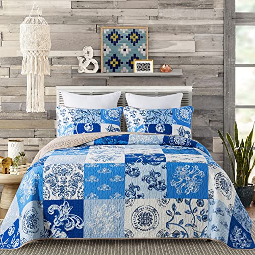 PSL Home- Quilts Queen Size, 100% Cotton Bedspreads Queen Sized, Quilt Sets Coverlet for The Bed, Quilt Bedding Set, Quilted Comforter Bed Spread Prime, Plaid Floral Pattern 3 Pieces (Blue White)