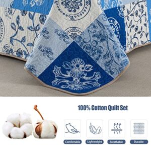 PSL Home- Quilts Queen Size, 100% Cotton Bedspreads Queen Sized, Quilt Sets Coverlet for The Bed, Quilt Bedding Set, Quilted Comforter Bed Spread Prime, Plaid Floral Pattern 3 Pieces (Blue White)