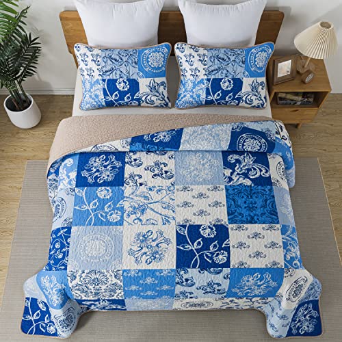 PSL Home- Quilts Queen Size, 100% Cotton Bedspreads Queen Sized, Quilt Sets Coverlet for The Bed, Quilt Bedding Set, Quilted Comforter Bed Spread Prime, Plaid Floral Pattern 3 Pieces (Blue White)