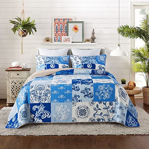 PSL Home- Quilts Queen Size, 100% Cotton Bedspreads Queen Sized, Quilt Sets Coverlet for The Bed, Quilt Bedding Set, Quilted Comforter Bed Spread Prime, Plaid Floral Pattern 3 Pieces (Blue White)