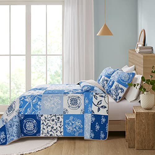 PSL Home- Quilts Queen Size, 100% Cotton Bedspreads Queen Sized, Quilt Sets Coverlet for The Bed, Quilt Bedding Set, Quilted Comforter Bed Spread Prime, Plaid Floral Pattern 3 Pieces (Blue White)