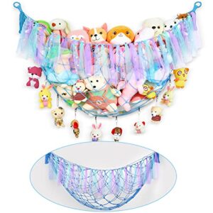 basumee stuffed animals net or hammock wall mounted stuffed animals storage display plush toy storage with tassels for nursery playroom kids room decor