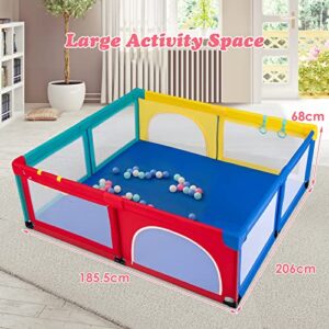 INFANS Baby Playpen Extra Large, Portable Play Yard with Mat, Zipper Gates, Suction Cups, 50 Ocean Balls, 4 Pull up Rings, Breathable Mesh Walls, Indoor Outdoor Toddlers (Rainbow)