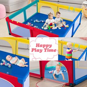 INFANS Baby Playpen Extra Large, Portable Play Yard with Mat, Zipper Gates, Suction Cups, 50 Ocean Balls, 4 Pull up Rings, Breathable Mesh Walls, Indoor Outdoor Toddlers (Rainbow)