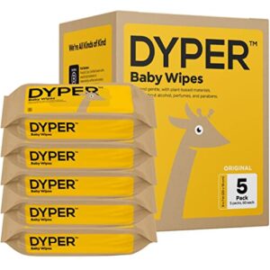 dyper viscose from bamboo baby wet wipes | 99.9% water unscented for sensitive newborn skin | hypoallergenic | honest ingredients | made with plant-based* materials | face & hand | pack of 5