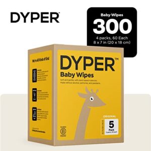 DYPER Viscose from Bamboo Baby Wet Wipes | 99.9% Water Unscented for Sensitive Newborn Skin | Hypoallergenic | Honest Ingredients | Made with Plant-Based* Materials | Face & Hand | Pack of 5