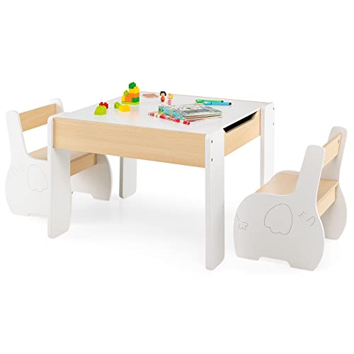 Costzon Kids Table and Chair Set, 4 in 1 Wooden Activity Table & 2 Chairs for Arts, Crafts, Drawing, Reading, 3 PCS Toddler Furniture with Storage, Detachable Blackboard, Gift for Boys Girls (White)