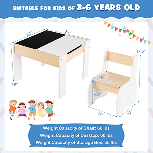 Costzon Kids Table and Chair Set, 4 in 1 Wooden Activity Table & 2 Chairs for Arts, Crafts, Drawing, Reading, 3 PCS Toddler Furniture with Storage, Detachable Blackboard, Gift for Boys Girls (White)