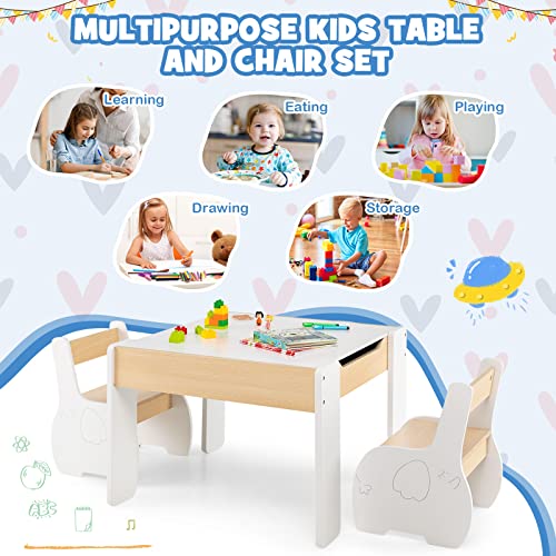 Costzon Kids Table and Chair Set, 4 in 1 Wooden Activity Table & 2 Chairs for Arts, Crafts, Drawing, Reading, 3 PCS Toddler Furniture with Storage, Detachable Blackboard, Gift for Boys Girls (White)