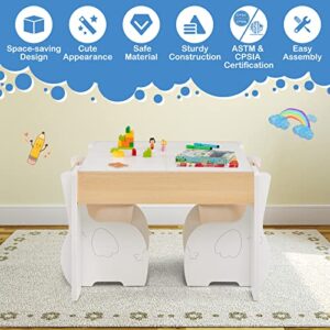 Costzon Kids Table and Chair Set, 4 in 1 Wooden Activity Table & 2 Chairs for Arts, Crafts, Drawing, Reading, 3 PCS Toddler Furniture with Storage, Detachable Blackboard, Gift for Boys Girls (White)