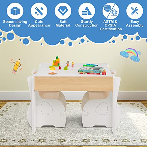 Costzon Kids Table and Chair Set, 4 in 1 Wooden Activity Table & 2 Chairs for Arts, Crafts, Drawing, Reading, 3 PCS Toddler Furniture with Storage, Detachable Blackboard, Gift for Boys Girls (White)