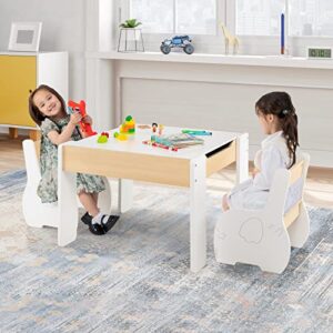 Costzon Kids Table and Chair Set, 4 in 1 Wooden Activity Table & 2 Chairs for Arts, Crafts, Drawing, Reading, 3 PCS Toddler Furniture with Storage, Detachable Blackboard, Gift for Boys Girls (White)