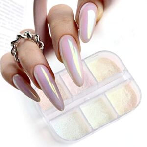 6 grids chrome nail powder 6 colorful holographic nail glitter nail design kit pearl shell gel polish dust sparkly iridescent metallic mirror effect nail decorations for nail art supplies set (a)