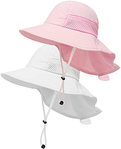 2-Pack Toddler Baby Sun Hat Summer UPF 50+ Protection for Boys Girls Kids Adjustable Beach Hats with Bucket Wide Brim Age 1-7 Years Outdoor(Medium,Pink + White)