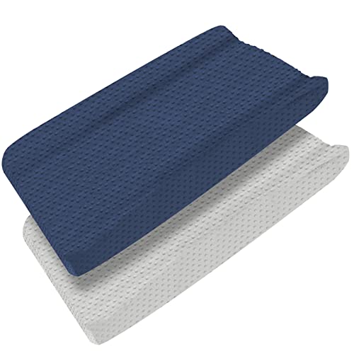 JUSONEY 2 Pack Changing Pad Cover, Minky Changing Pad Covers, Ultra Soft Minky Dots Plush Changing Table Covers, Breathable Changing Table Sheets Changing Pad Covers Suit Dark Blue and Light Gray