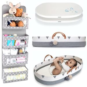 vesta baby nursery bundle - matching gray cotton rope moses changing basket set & over the door hanging organizer