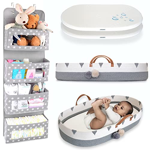 Vesta Baby Nursery Bundle - Matching Gray Cotton Rope Moses Changing Basket Set & Over The Door Hanging Organizer