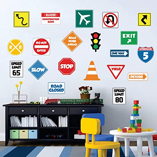 IARTTOP Road Signs Wall Decal, Traffic Sign Wall Stickers, Stop Street Transportation Signs Vinyl Wall Decals for Kids Bedroom Classroom Playroom Nursery Wall Decoration