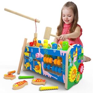 silerur 8 in 1 wooden montessori toys for 1 2 3 4 year old boys girls whack a mole game hammering and pounding toys with xylophone fishing game toddlers educational developmental learning toys gifts