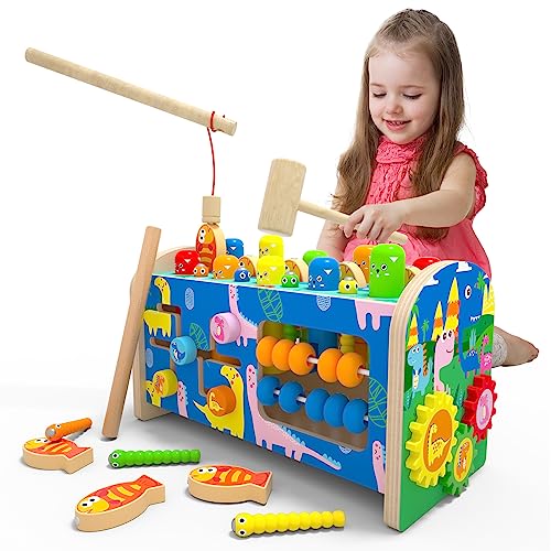 SILERUR 8 in 1 Wooden Montessori Toys for 1 2 3 4 Year Old Boys Girls Whack a Mole Game Hammering and Pounding Toys with Xylophone Fishing Game Toddlers Educational Developmental Learning Toys Gifts