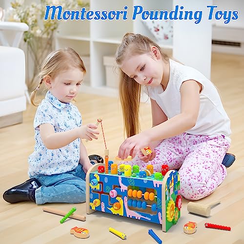 SILERUR 8 in 1 Wooden Montessori Toys for 1 2 3 4 Year Old Boys Girls Whack a Mole Game Hammering and Pounding Toys with Xylophone Fishing Game Toddlers Educational Developmental Learning Toys Gifts