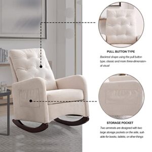 Modern Accent Rocking Chair, Button Tufted Upholstered Glider Rocker for Nursery, Comfy Armchair with Side Pocket, Lounge Chair with High Backrest for Living Room, Bedroom, Office (Fabric Beige)