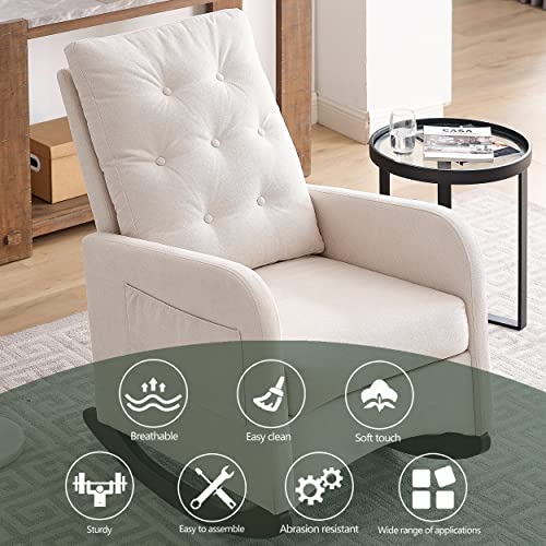 Modern Accent Rocking Chair, Button Tufted Upholstered Glider Rocker for Nursery, Comfy Armchair with Side Pocket, Lounge Chair with High Backrest for Living Room, Bedroom, Office (Fabric Beige)