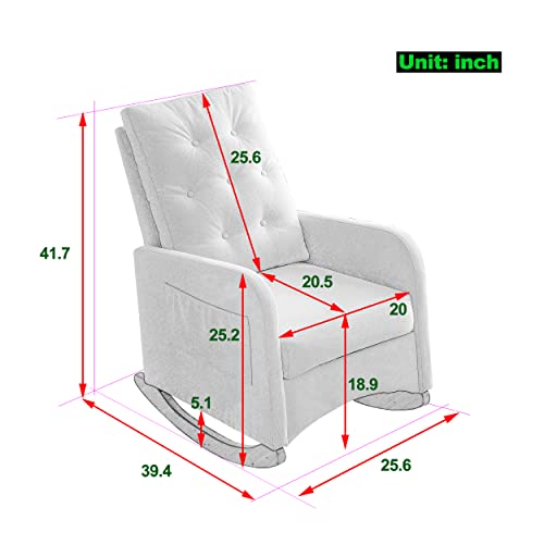 Modern Accent Rocking Chair, Button Tufted Upholstered Glider Rocker for Nursery, Comfy Armchair with Side Pocket, Lounge Chair with High Backrest for Living Room, Bedroom, Office (Fabric Beige)