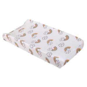 carter's chasing rainbows - white, peach, teal and gold clouds and rainbows super soft contoured changing pad cover