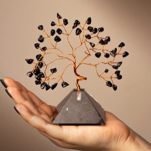 Black Obsidian Crystal Tree, Pyramid Base 7 Chakra Healing Crystals Tree of Life for Positive Energy & Good Luck Gifts, Money Bonsai Trees, Handcrafted Feng Shui Décor for Home and Office Decoration