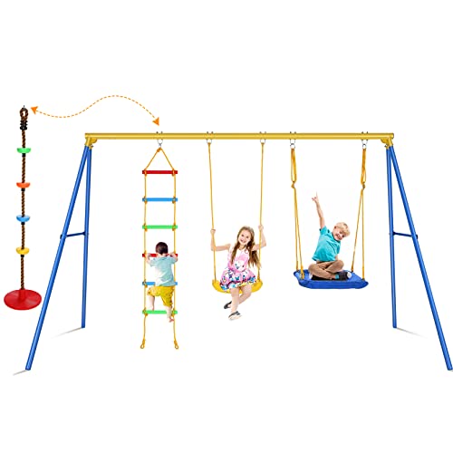 Swing Sets for Backyard, 4 in 1 Swing Sets with Heavy-Duty A-Frame Metal 550lbs Outdoor Swing Stand,1 Swing Seat,1 Nest Swing Seat,1 Climb Ladder,1 Rope Ladder for Backyard and Playground