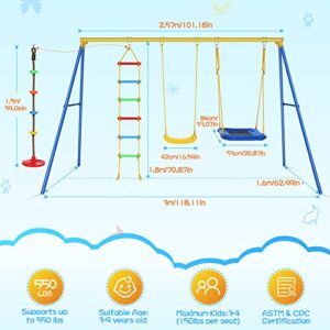 Swing Sets for Backyard, 4 in 1 Swing Sets with Heavy-Duty A-Frame Metal 550lbs Outdoor Swing Stand,1 Swing Seat,1 Nest Swing Seat,1 Climb Ladder,1 Rope Ladder for Backyard and Playground