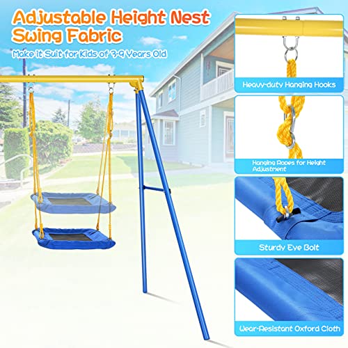 Swing Sets for Backyard, 4 in 1 Swing Sets with Heavy-Duty A-Frame Metal 550lbs Outdoor Swing Stand,1 Swing Seat,1 Nest Swing Seat,1 Climb Ladder,1 Rope Ladder for Backyard and Playground