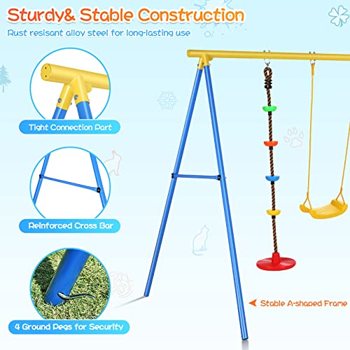 Swing Sets for Backyard, 4 in 1 Swing Sets with Heavy-Duty A-Frame Metal 550lbs Outdoor Swing Stand,1 Swing Seat,1 Nest Swing Seat,1 Climb Ladder,1 Rope Ladder for Backyard and Playground