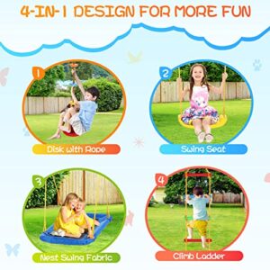 Swing Sets for Backyard, 4 in 1 Swing Sets with Heavy-Duty A-Frame Metal 550lbs Outdoor Swing Stand,1 Swing Seat,1 Nest Swing Seat,1 Climb Ladder,1 Rope Ladder for Backyard and Playground