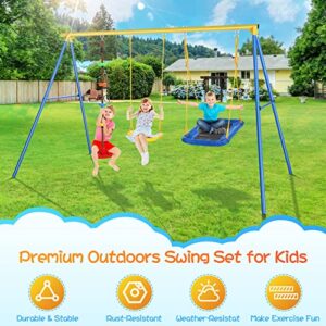 Swing Sets for Backyard, 4 in 1 Swing Sets with Heavy-Duty A-Frame Metal 550lbs Outdoor Swing Stand,1 Swing Seat,1 Nest Swing Seat,1 Climb Ladder,1 Rope Ladder for Backyard and Playground