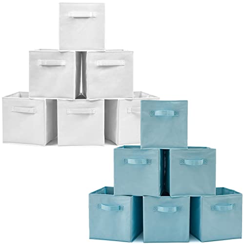 EZOWare Set of 12 Foldable Basket Bin Collapsible Storage Cube For Nursery, Kids Toys Organizer, Shelf Cabinet - (White + Light Blue)