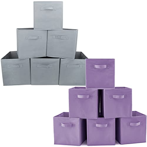 EZOWare Set of 12 Foldable Basket Bin Collapsible Storage Cube For Nursery, Kids Toys Organizer, Shelf Cabinet - (Purple + Gray)