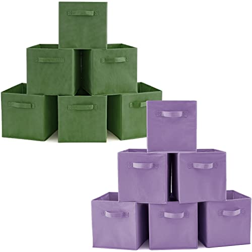 EZOWare Set of 12 Foldable Basket Bin Collapsible Storage Cube For Nursery, Kids Toys Organizer, Shelf Cabinet - (Purple + Kale Green)