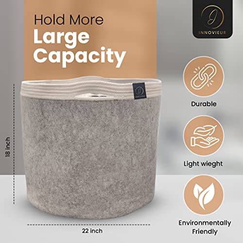 INNOVIEUR - Tall Woven Cotton Rope Laundry Basket Hamper Foldable Collapsible Comforters Storage Bins Baby Blankets Toy Storage Organization - Grey 22"x 22"x18"