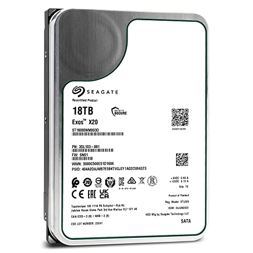 Seagate Exos X20 ST18000NM003D 18TB 7.2K RPM 512e SATA 6Gb/s 3.5in Enterprise Hard Drive (Renewed)