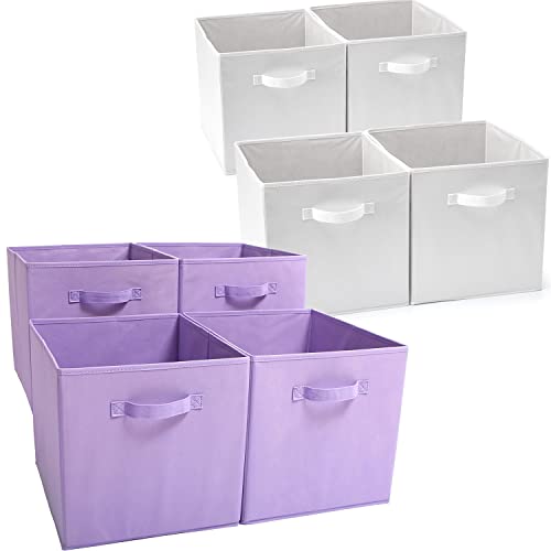 EZOWare Set of 8 Fabric Basket Bins, 13 x 15 x 13 inch Collapsible Organizer Storage Cube with Handles for Home, Bedroom, Baby Nursery, Kids Playroom Toys - ( White + Purple )