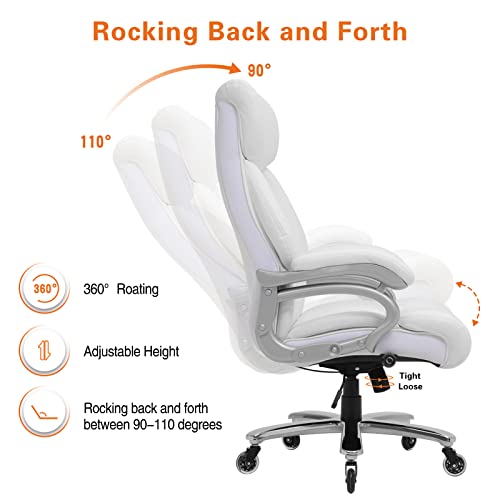 Okeysen Big and Tall 500lbs Office Chair Wide Spring Seat, High Back Large Executive Chair, Adjustable Lumbar Support Quiet Rubber Wheels Heavy Duty Metal Base, Office Chair for Back Pain (White)