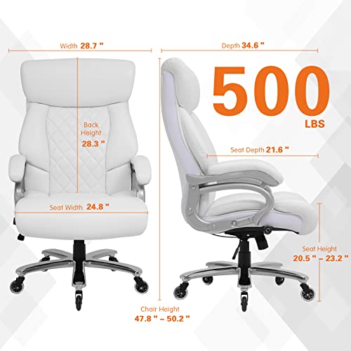 Okeysen Big and Tall 500lbs Office Chair Wide Spring Seat, High Back Large Executive Chair, Adjustable Lumbar Support Quiet Rubber Wheels Heavy Duty Metal Base, Office Chair for Back Pain (White)