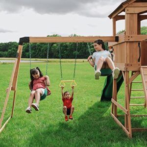 Backyard Discovery Sterling Point All Cedar Wooden Swing Set, Raised Clubhouse,Web Swing, Climbing Wall, 10ft Wave Slide, 2 Belt Swings, Front Porch, Bridge