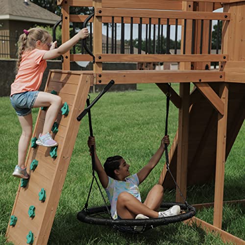 Backyard Discovery Sterling Point All Cedar Wooden Swing Set, Raised Clubhouse,Web Swing, Climbing Wall, 10ft Wave Slide, 2 Belt Swings, Front Porch, Bridge