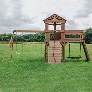 Backyard Discovery Sterling Point All Cedar Wooden Swing Set, Raised Clubhouse,Web Swing, Climbing Wall, 10ft Wave Slide, 2 Belt Swings, Front Porch, Bridge