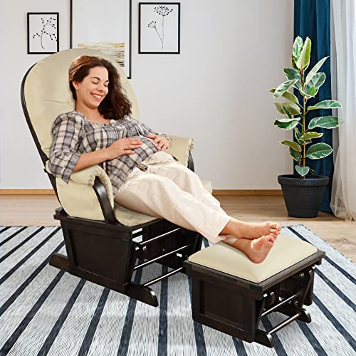 Comfortably Enjoy Rocking Chair Solid Practical Wood Construction, Incredibly Smooth Quiet Gliding Baby Nursery Relax Chair Glider Ottoman Set with Cushion