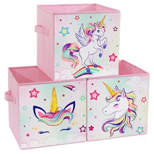 wernnsai unicorn cube storage bin - 3 pack organizer storage baskets with handles fabric collapsible storage bins set 11" x 11" x 11" pink sequin decorative for kids home closet nursery room bedroom