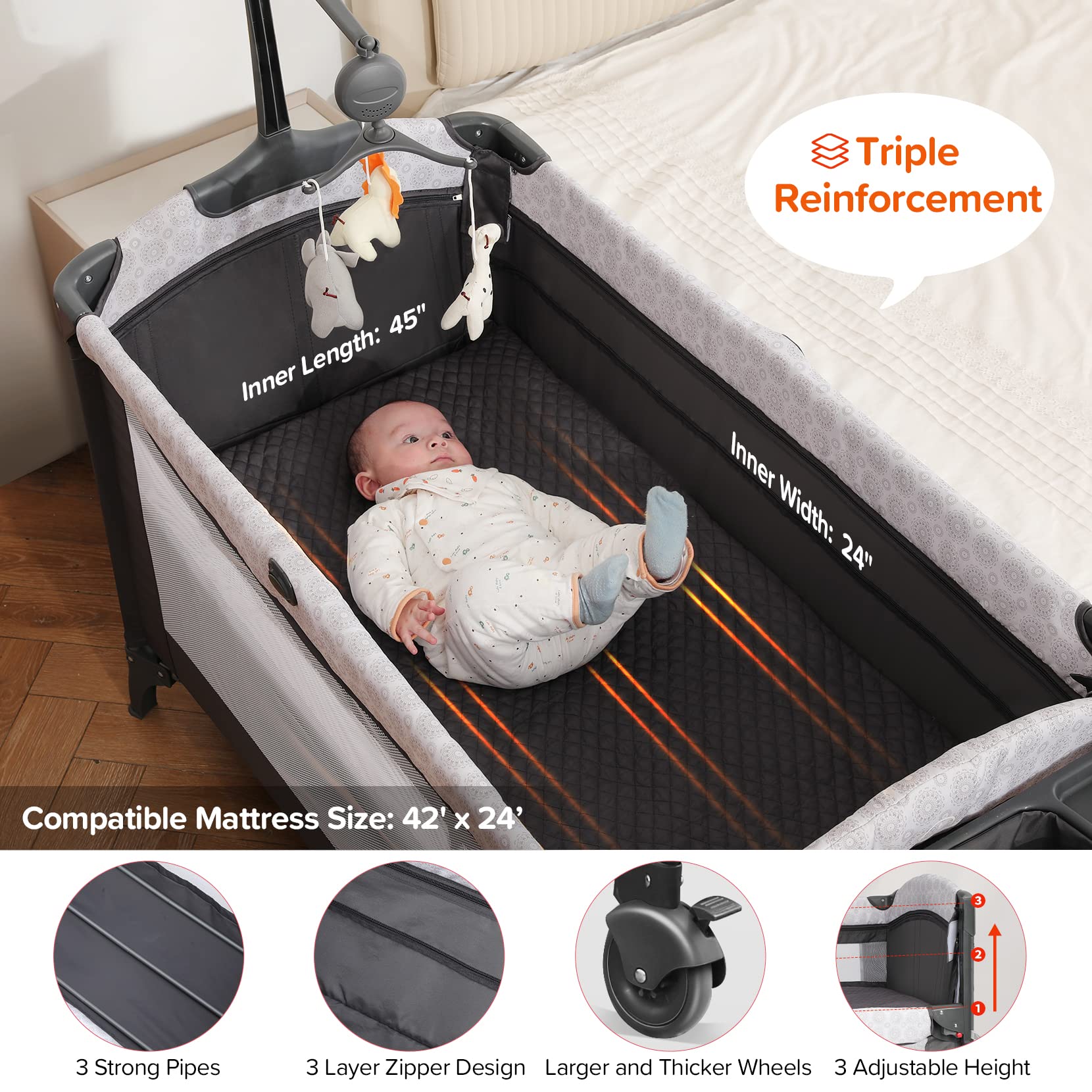 ELEMARA 4 in 1 Baby Bassinet Bedside Crib with Diaper Changer,Pack and Play with Mattress,Sheet and Blackout Cover for Baby,Playpen Travel Bed with Storage,XL Playard with 3 Adjustable Height